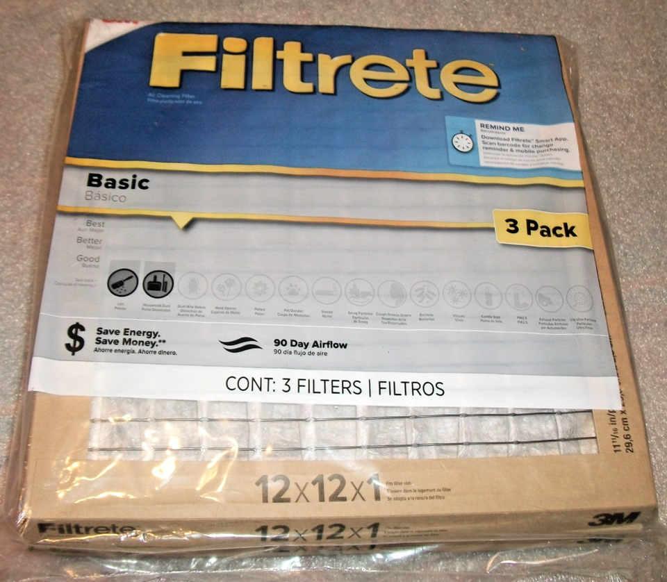 Full Case of 18 3M Filtrete Basic Air Filter 90 Day 12 X 12 X 1 Pleated ...