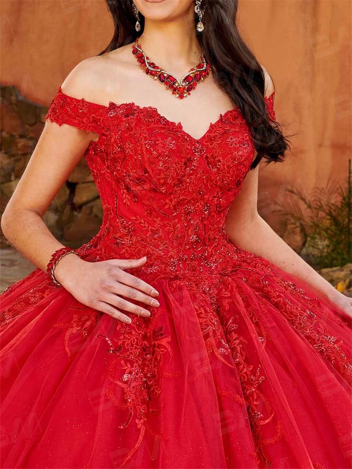 Red Ball Gown Applique Quinceanera Dresses Lace Basque Cocktail ...