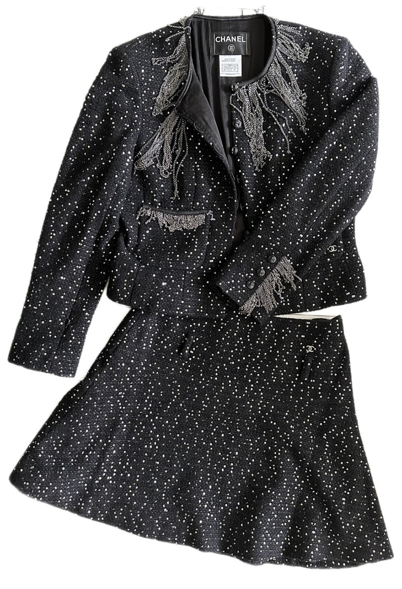CHANEL 2002 Fall 02A Black Wool Sequin Chain Embellished CHANEL 2002 Fall 02A Black Wool Sequin Chain Embellished
