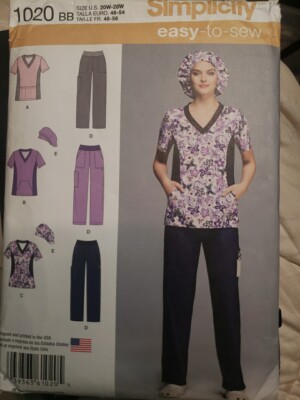 Simplicity 1020 SCRUBS V-Neck Top w Pockets, Pants & Scrub Hat Sz 10-18 ...
