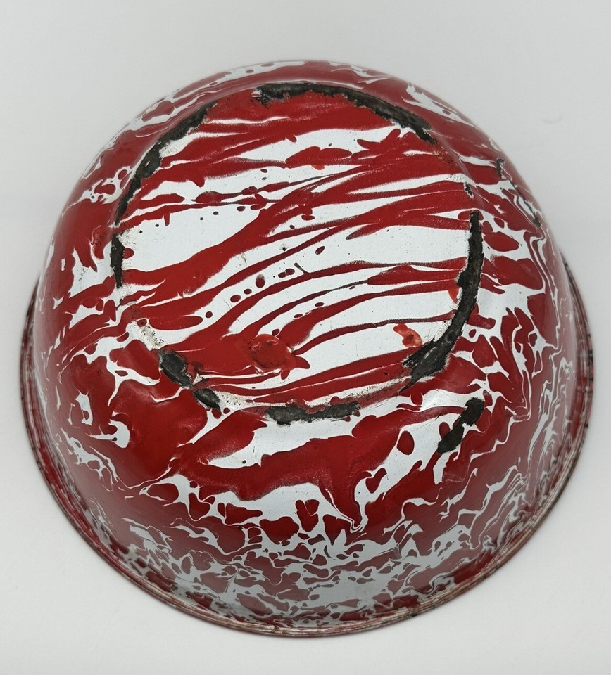 Large Vtg Red Swirl Enamel Splatter Ware Graniteware Bowl 4 Mixing ...