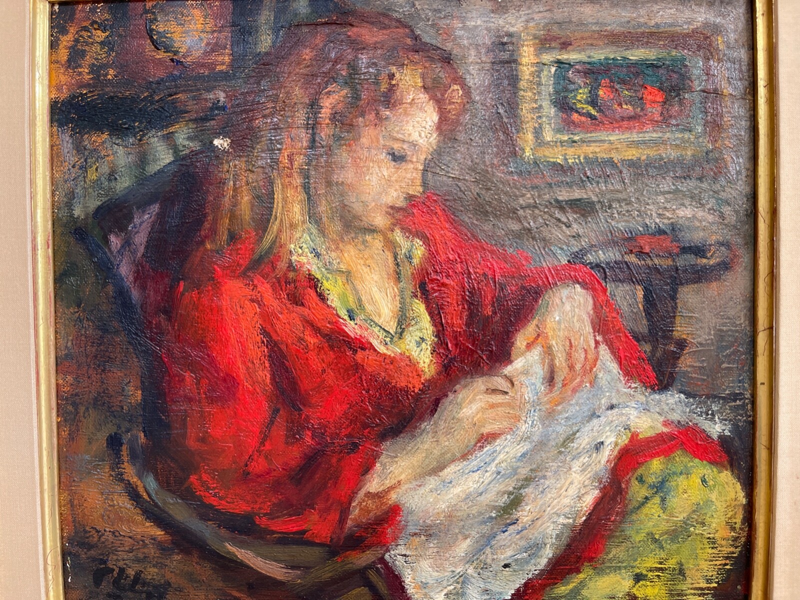 American Listed Artist Robert Philipp "Rochelle Sewing" Oil on Canvas ...