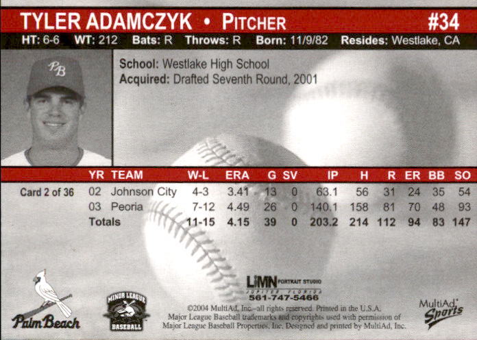 2004 Palm Beach Cardinals Multi-Ad #2 Tyler Adamczyk Westlake ...