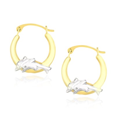 10k Two-Tone Gold Round Graduated Dolphin Design Hoop Earrings | eBay