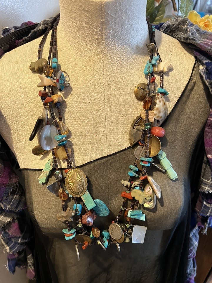 Vintage Mixed Materials Native American 3 Strands Necklace RARE | eBay
