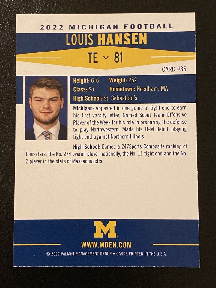 2022 Michigan Football Card - Louis Hansen - Officially Licensed ...