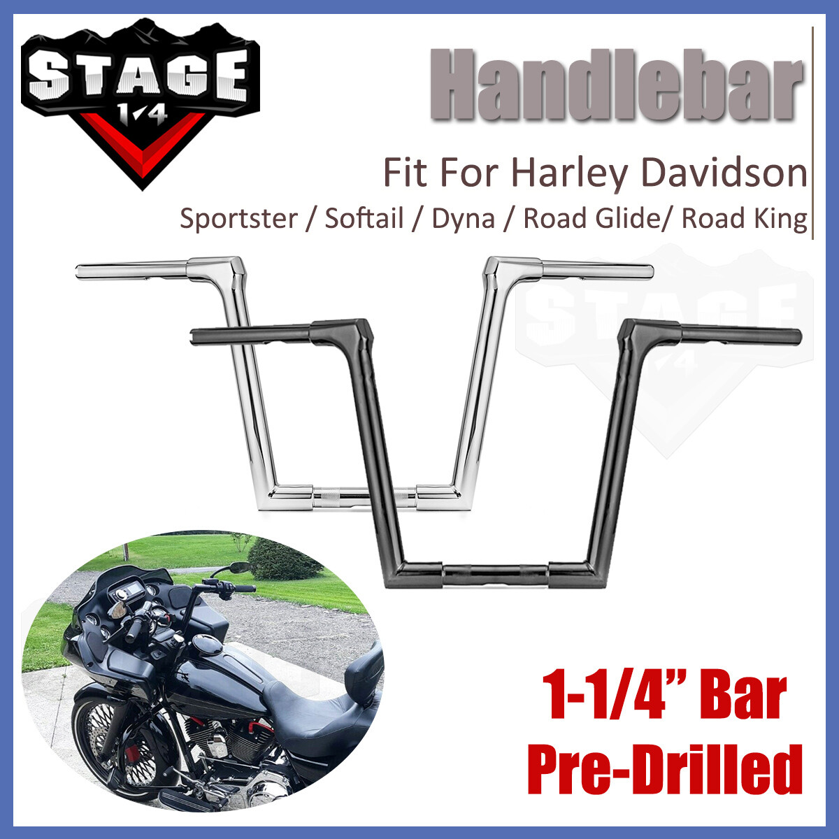 10" 12" 14" 16" Fused Bar 1-1/4" Handlebar For Harley Davidson Road ...