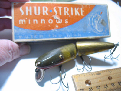Shur Strike jointed Pikie old wood fishing lure glass eyes in box MO-22 ...