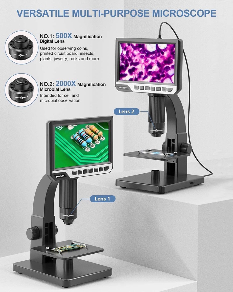 TOMLOV 7" Screen Digital Microscope 2000X Biological Microscope Coin ...