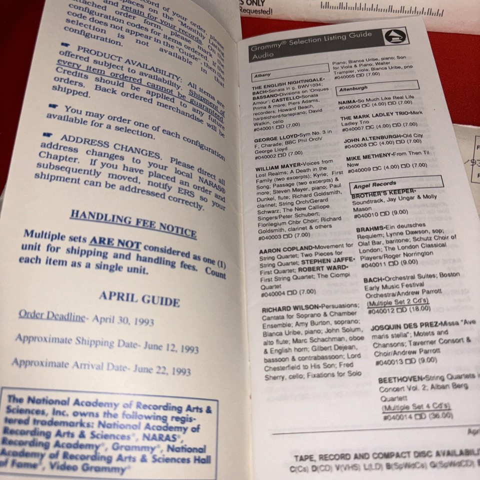 GRAMMY AWARDS Guide March & April 1993 - Ordering Form? Estate Find | eBay