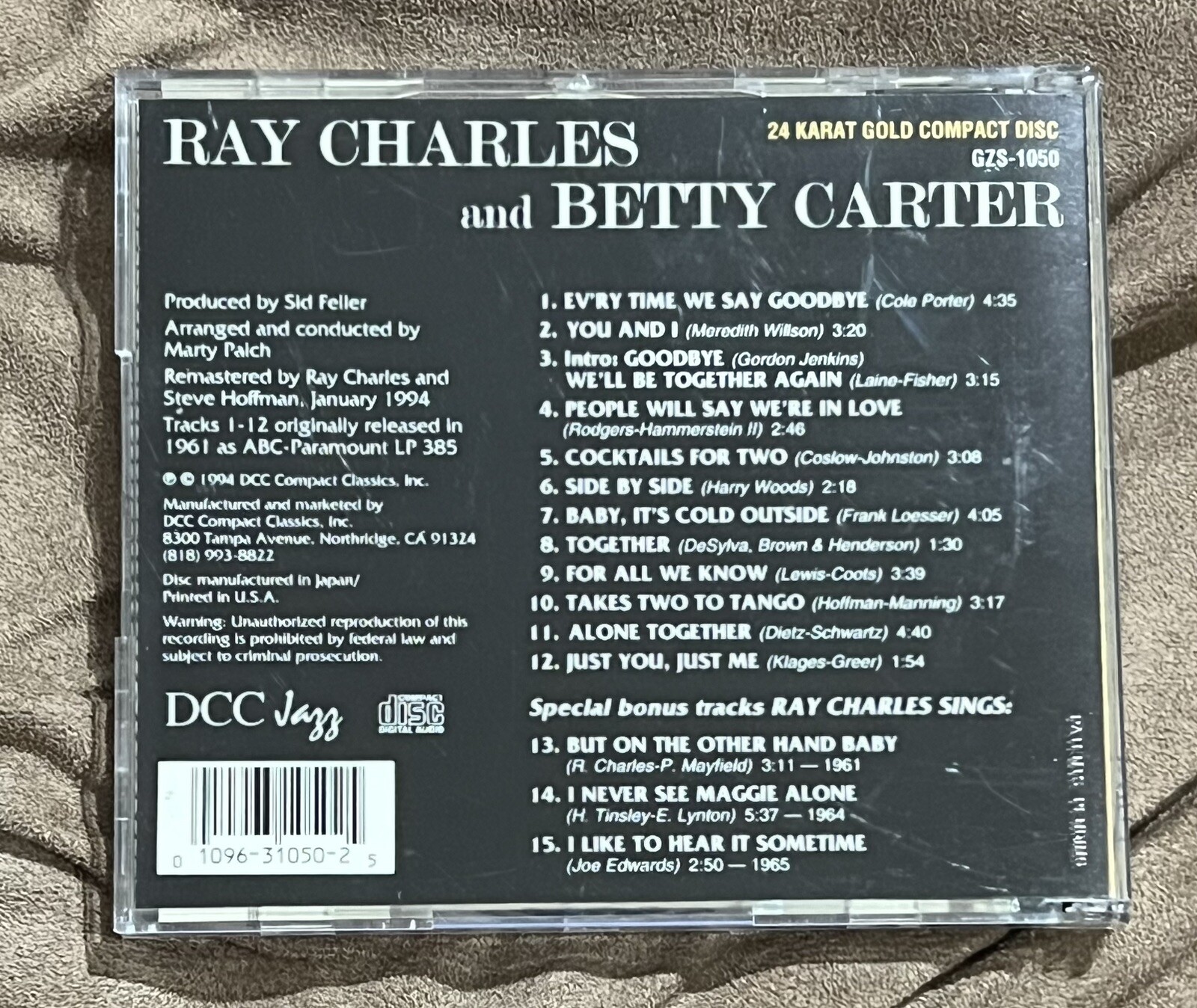 RAY CHARLES AND BETTY CARTER, 1994 DCC 24 KT. GOLD CD, Made in Japan ...