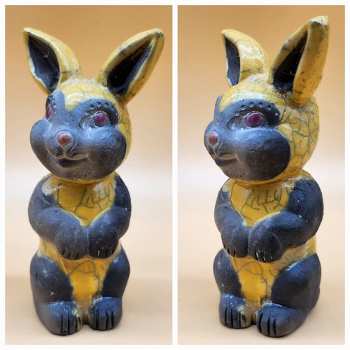 Vintage Crackle Ceramic Yellow Gray Cute Bunny Rabbit Red Eyed Figurine ...