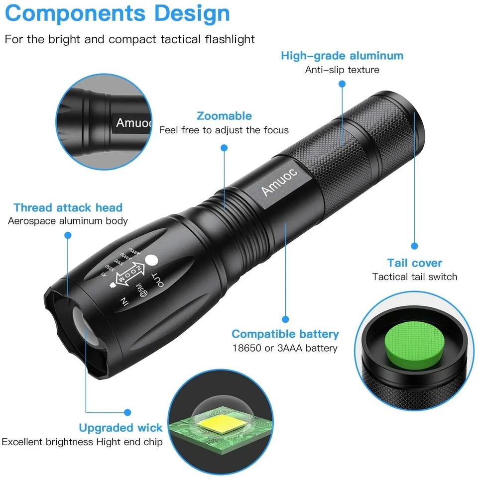 (5 PACK) AMUOC HANDHELD FLASHLIGHTS LED TACTICAL S1000 ZOOMABLE 5 MODES ...