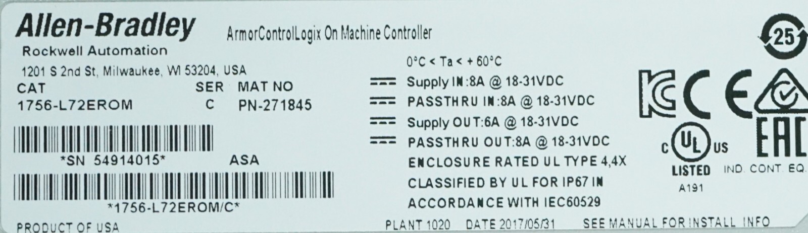 Allen-Bradley 1756-L72EROM Armor GuardLogix Safety Controller | eBay