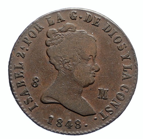 1848 SPAIN Queen ISABELLA II Antique VINTAGE OLD 8 Maravedis Spanish ...
