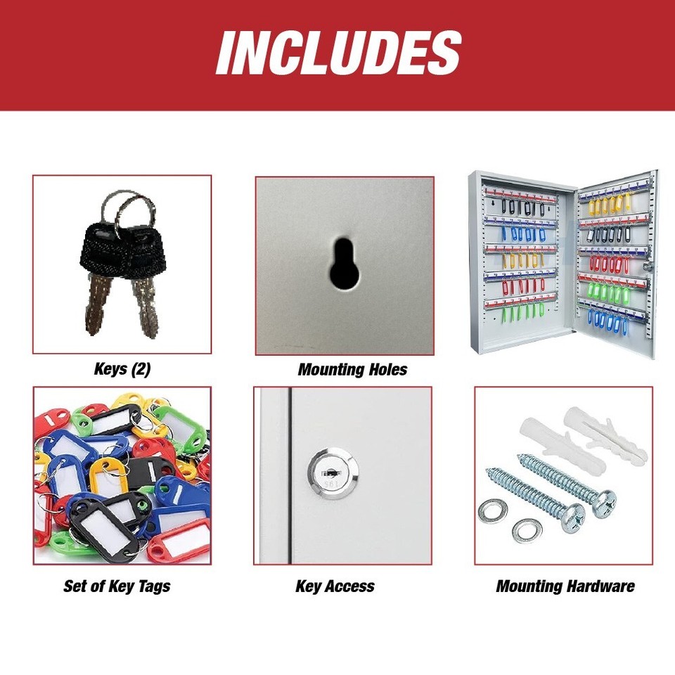 Key Box Wall Mount 100 Position Metal Valet Key Cabinet Lock Box w/ Key ...