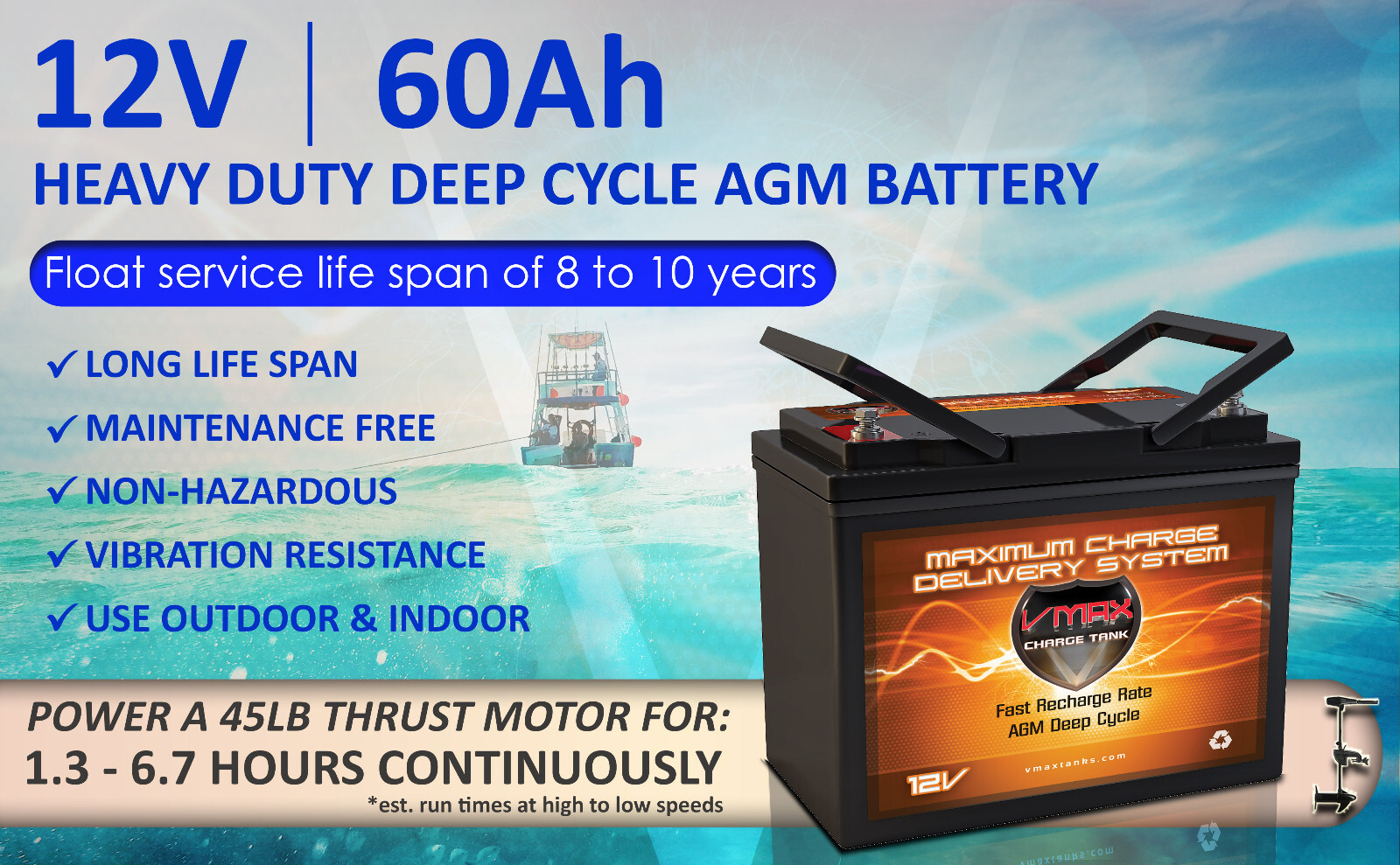 VMAX MR96-60 12V 60Ah AGM Deep Cycle Battery for Motorguide X3 55lb ...