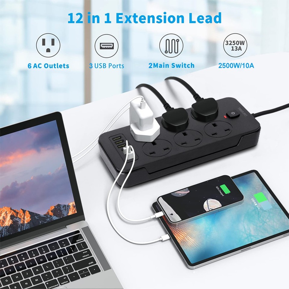 Extension Lead with 6 USB C Cable Electric Plug Socket UK Mains Power 6 ...