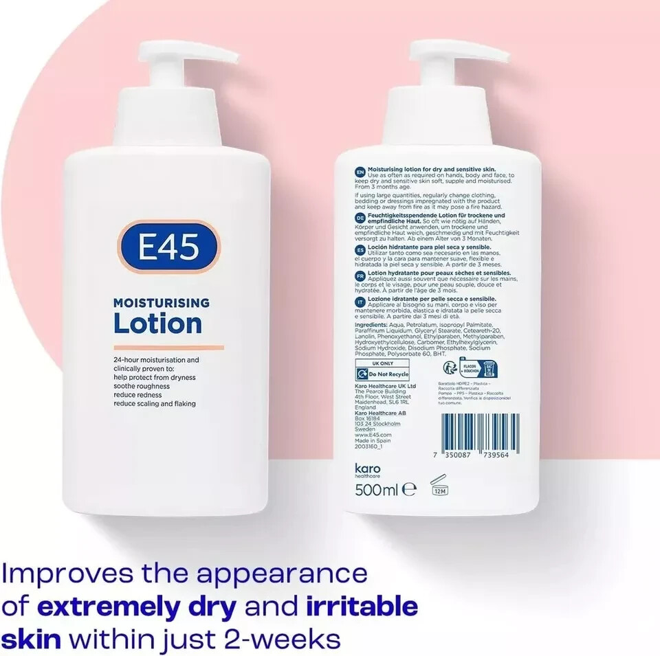 E45 moisturising Lotion Pump - 500g - Dermatological - Skin Care Cream ...