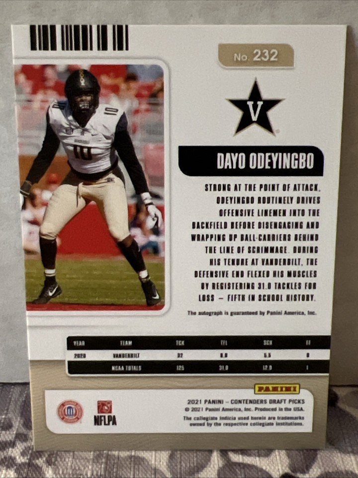 2021 PaninI Contenders Draft Picks Dayo Odeyingbo /99 Rookie Auto ...