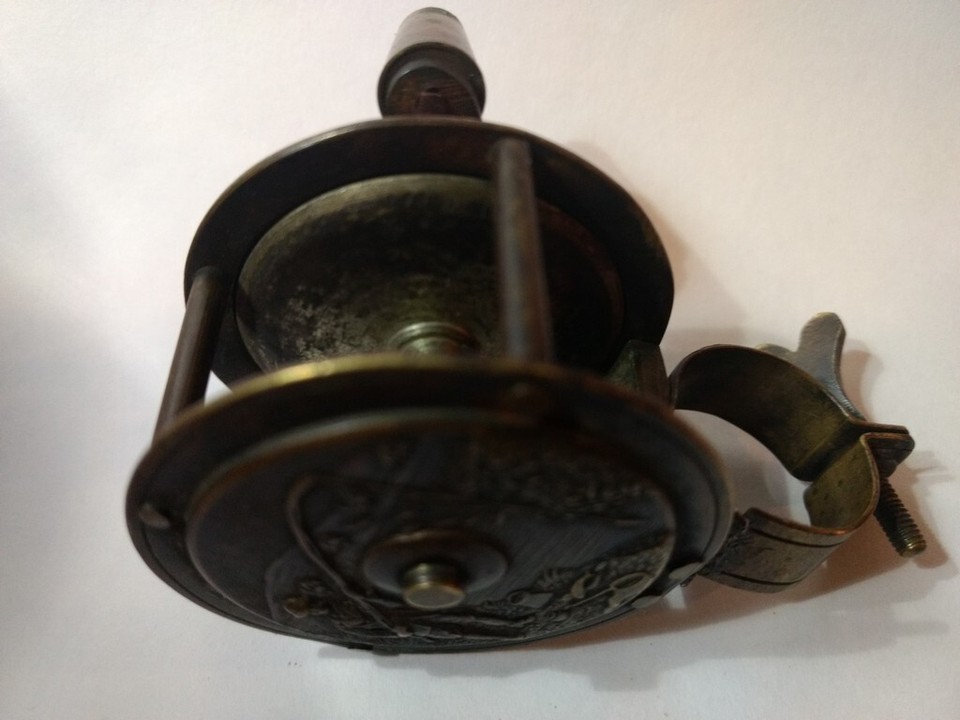 Antique Brass Bronze Rare Fishing Reel Embossed Scene Victorian Figure ...