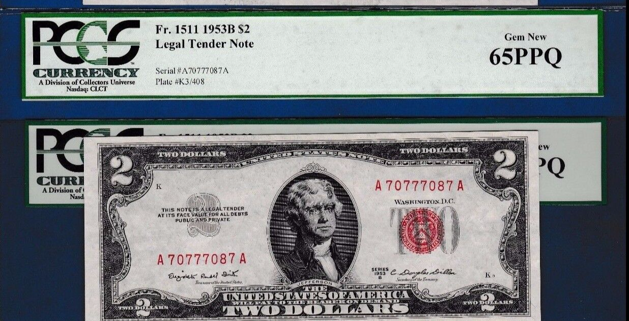 $2 LUCKY Serial Number 70777087 1953 B LEGAL TENDER UNITED STATES NOTE ...