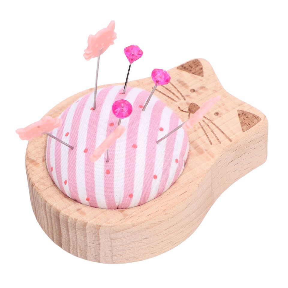 Pin Cushion Sewing Kit With Cat Jewel Head Pins Wooden Base Pink Strip ...