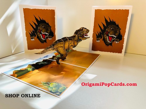 Origami Pop Cards Brown Running T-Rex Dinosaur 3D Happy Birthday Pop Up ...
