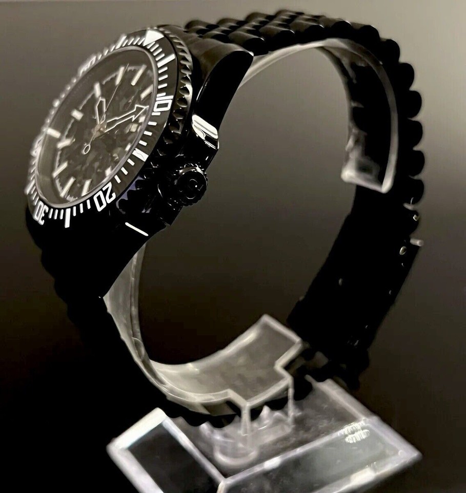 Black Seiko Sub Mod NH72A Skeleton Dial Oyster w/ S-Crown, Clear Back ...