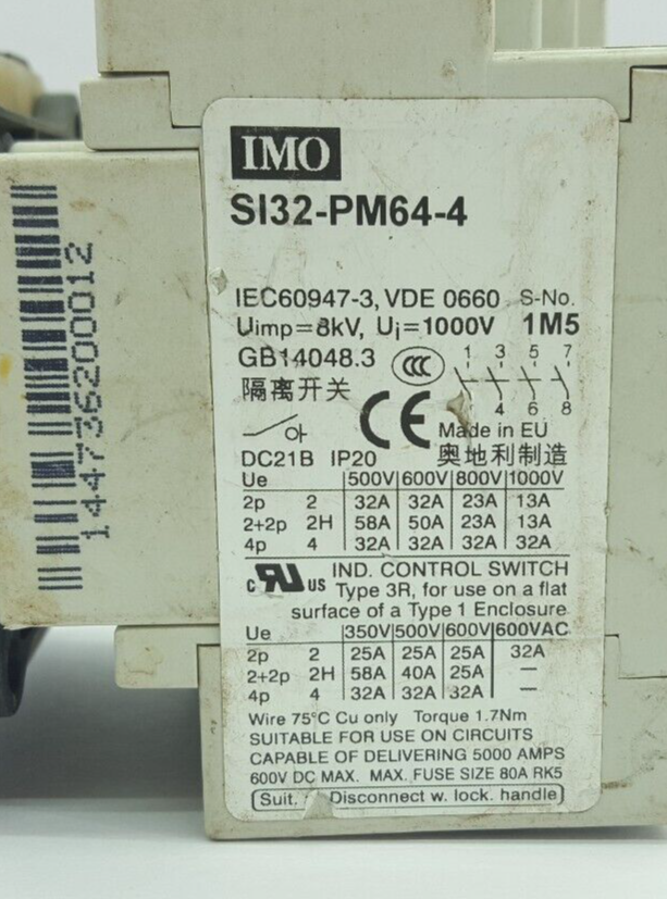 IMO SI32-PM64-4 PANEL MOUNT DC21B SWITCH IP20 NEMA 3R 4 POLE 32A 1000V ...