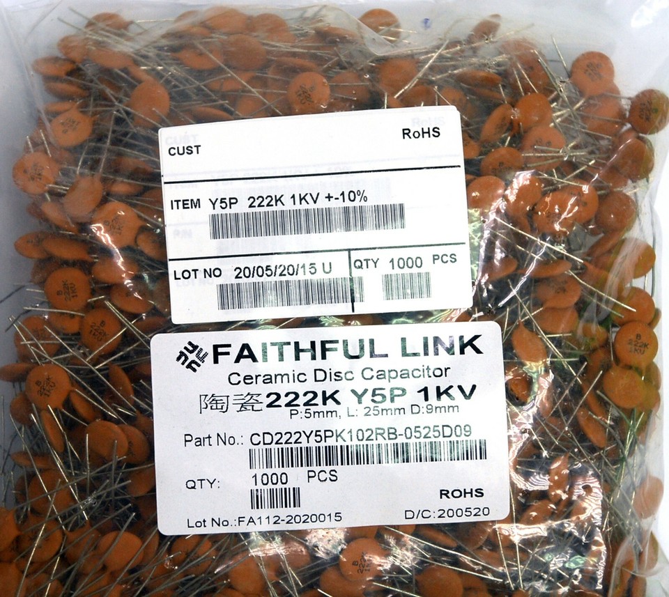100pc Disc Ceramic Capacitor 222K 222 2200pF 1KV 1000V K ±10% Y5P RoHS ...