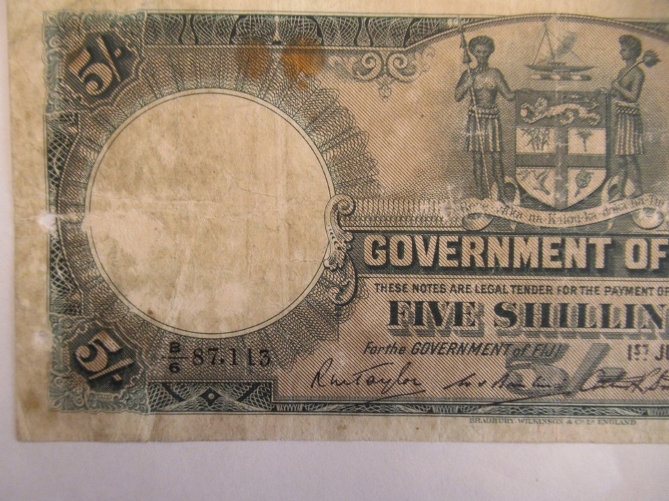 1950 Government of Fiji 5 Shillings Note, circ, some damage | eBay