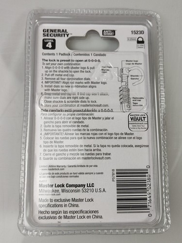 MASTER LOCK 4-DIGIT COMBINATION PADLOCK SOFT TOUCH DIAL 15230 NEW BLUE ...