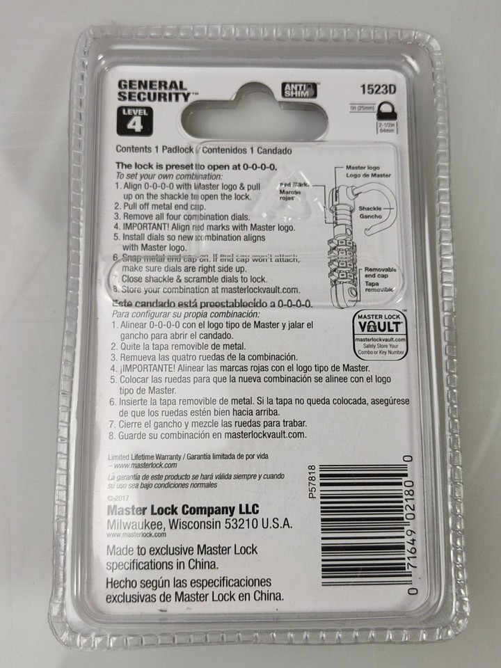 MASTER LOCK 4-DIGIT COMBINATION PADLOCK SOFT TOUCH DIAL 15230 NEW BLUE ...