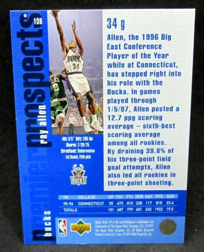 Ray Allen 1996-97 Upper Deck SP Authentic Rookie Card#136!Bucks G RC ...