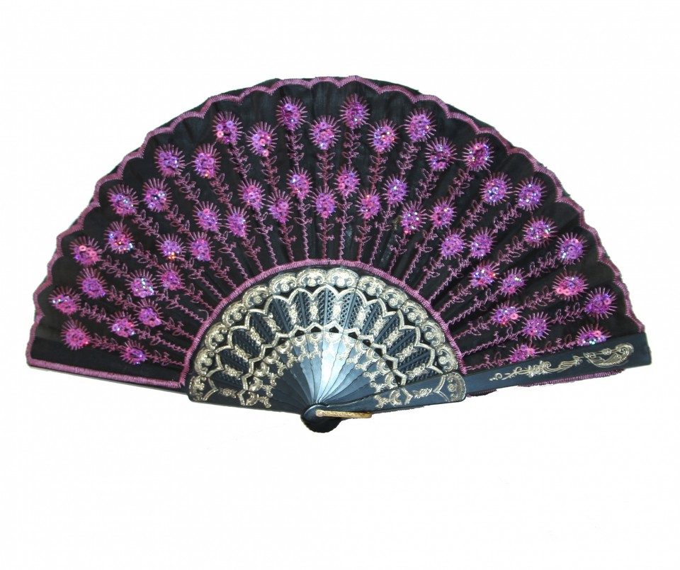 Black Slab Fabric Hand Fan with Peacock Pattern Sequin Style | eBay