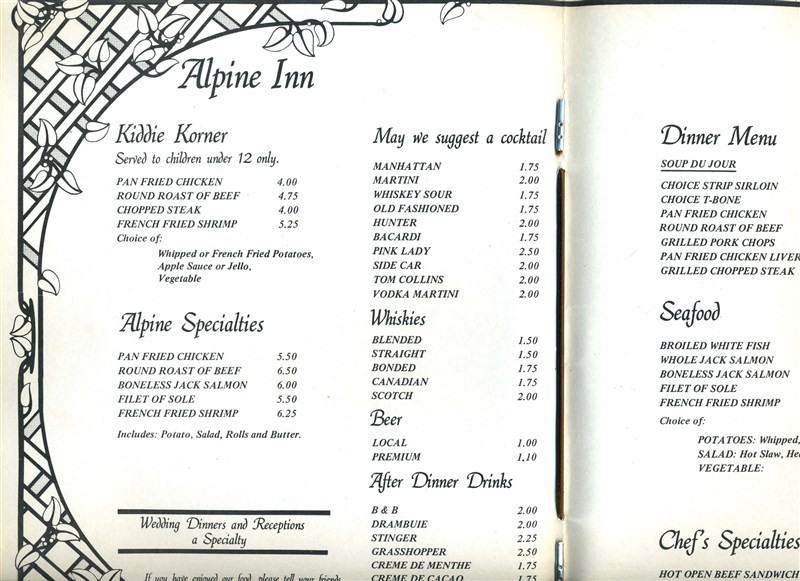 Alpine Inn Menu Cincinnati Ohio 1983 Wedding Reception Hall | eBay