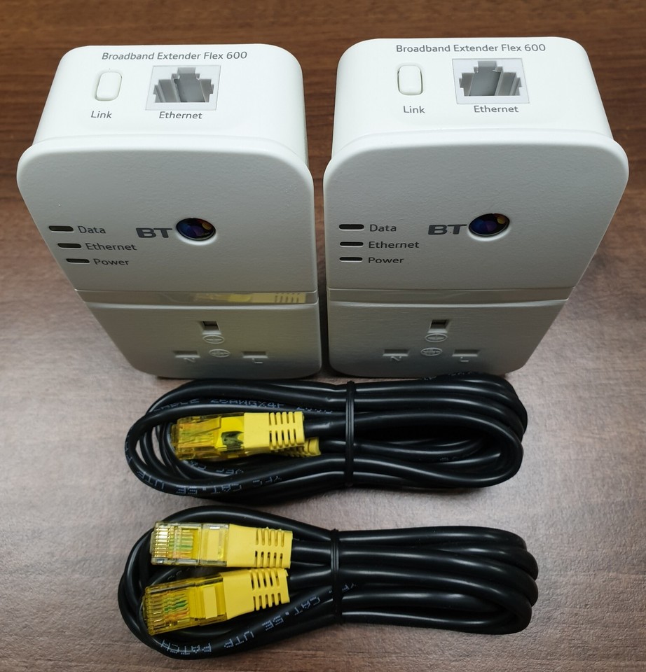 2 x BT Broadband Extender Flex 600 AV600 Powerline Adapters + Cat5e ...