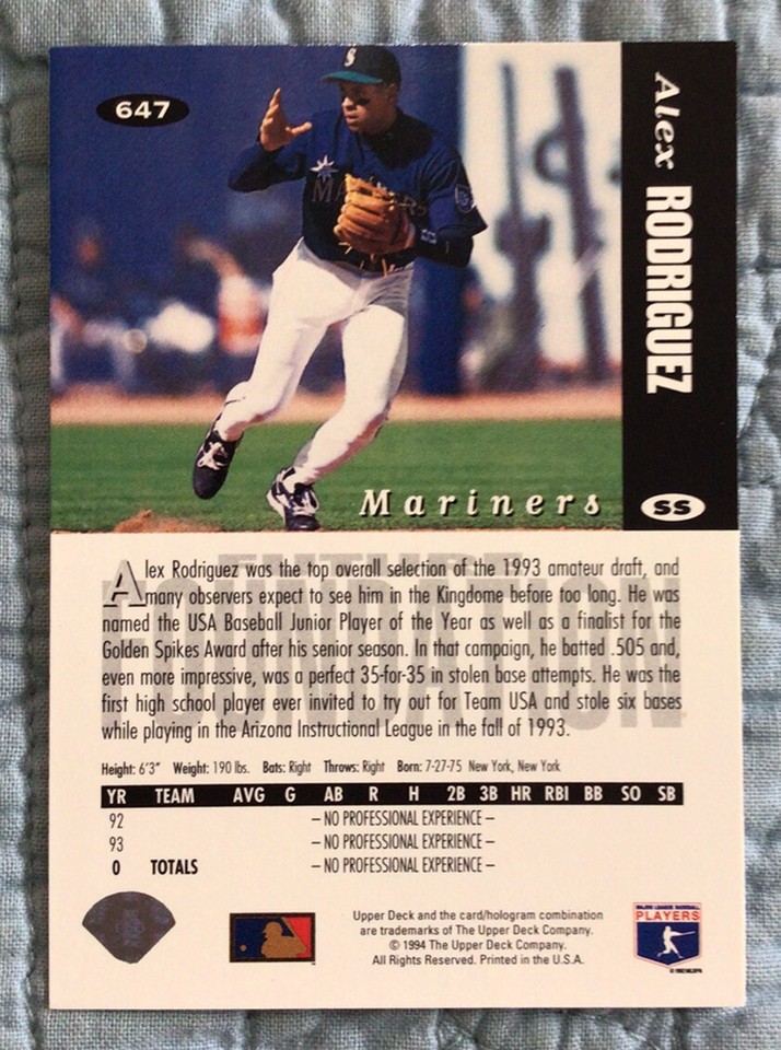 1994 Collector's Choice #647 Alex Rodriguez White Letter Variation Near ...