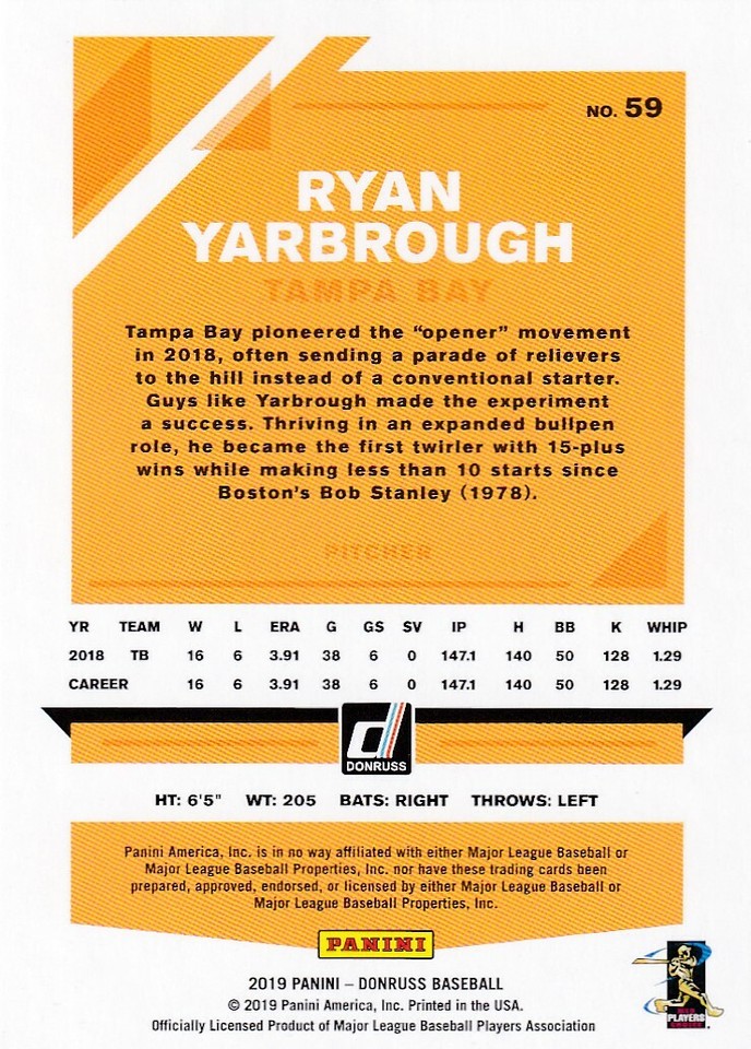 2019 DONRUSS PINK HOLO PARALLELS RYAN YARBROUGH TAMPA BAY RAYS - B4776 ...