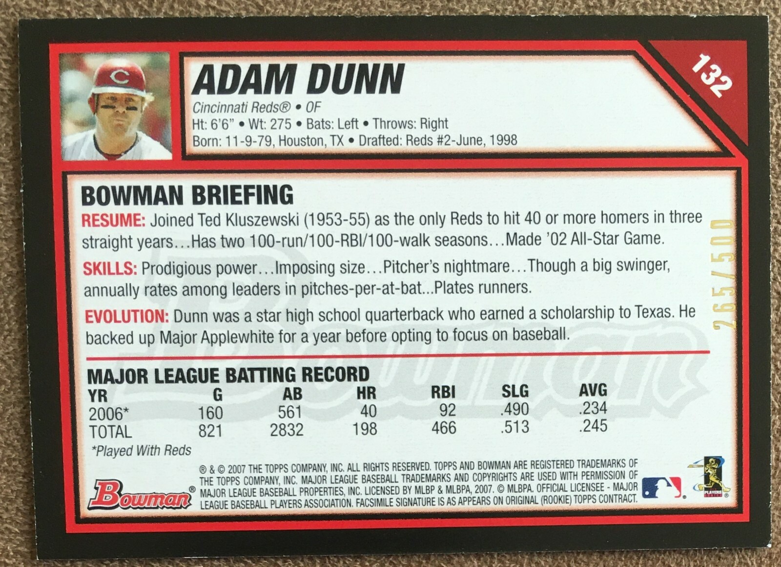 2007 Bowman - Blue #132 Adam Dunn /500 for sale online | eBay