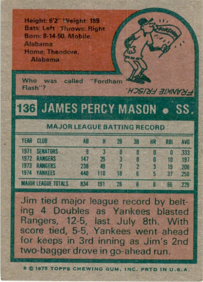 1975 Topps Baseball Jim Mason (A) New York Yankees #136 | eBay