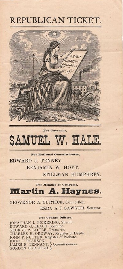 1882 Republican Election Flyer Samuel Hale Gov. N.H., Martin Haynes ...