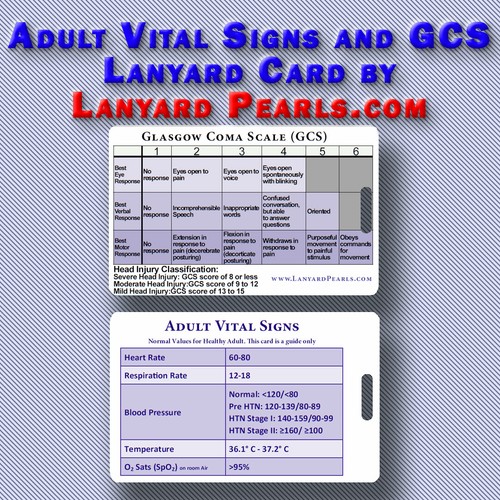 Normal Adult Vital Signs / Observations and GCS Lanyard Reference Card ...