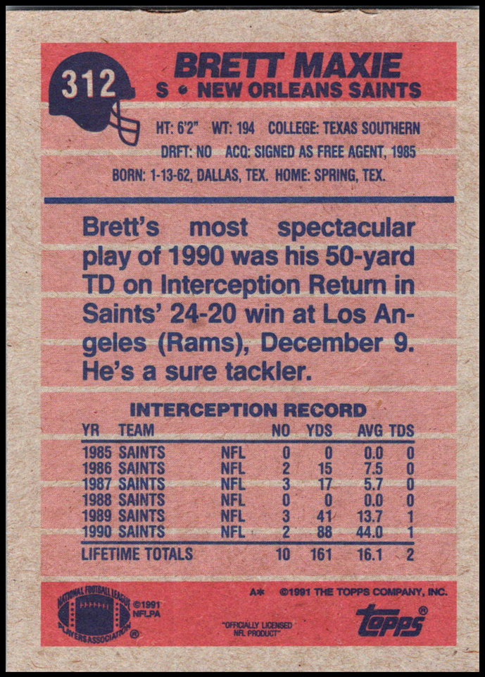 1991 Topps #312 Brett Maxie - Rookie RC FREE SHIPPING! | eBay