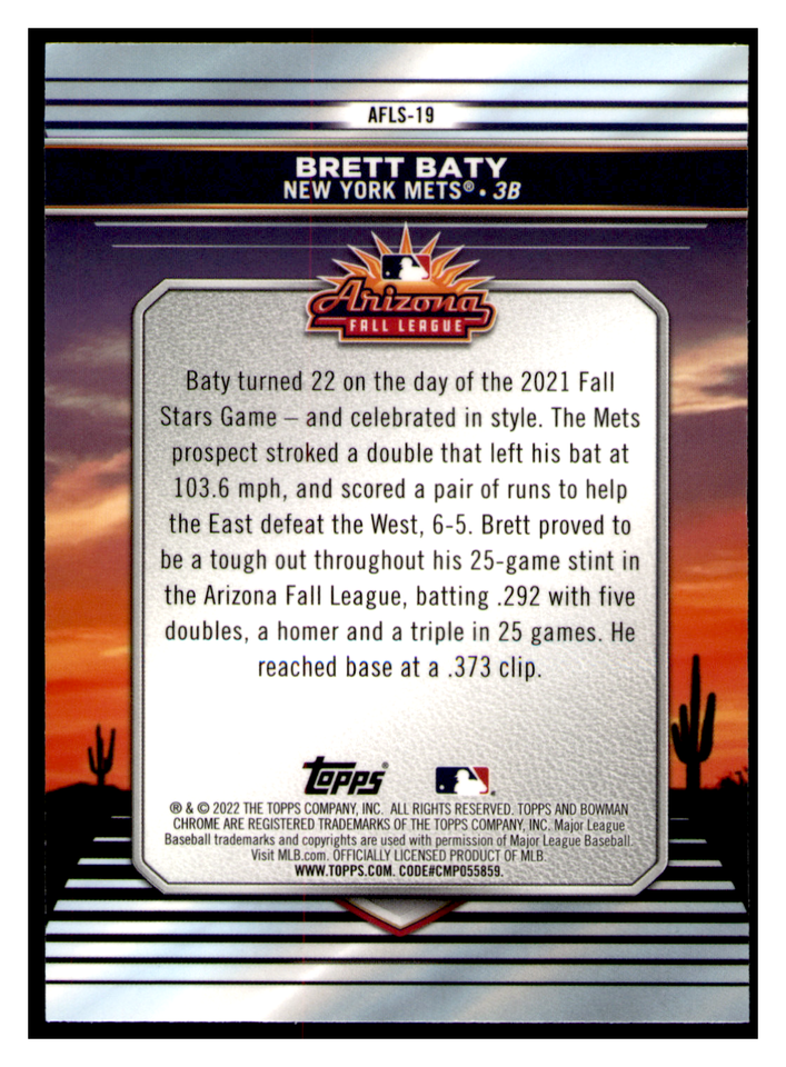 2022 Bowman Chrome Brett Baty Arizona Fall League AFLS-19 New York Mets ...