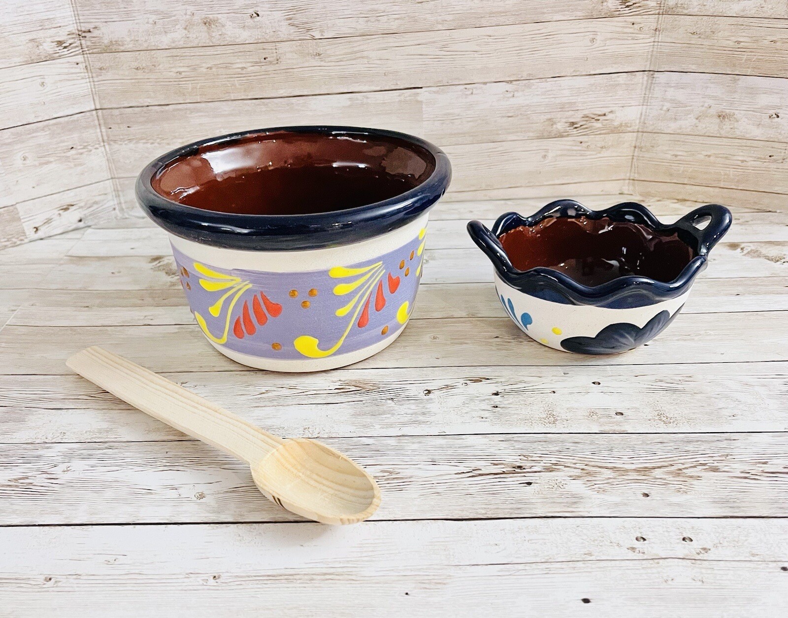 Terra Cota 2 Clay Salsa Bowl with Spoon 2 Platos Salsero con Cuchara de ...