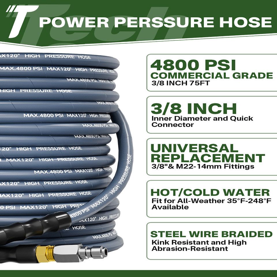 75FT 4800PSI 3/8" Pressure Washer Hose Kink Resistant Power Hose Quick ...