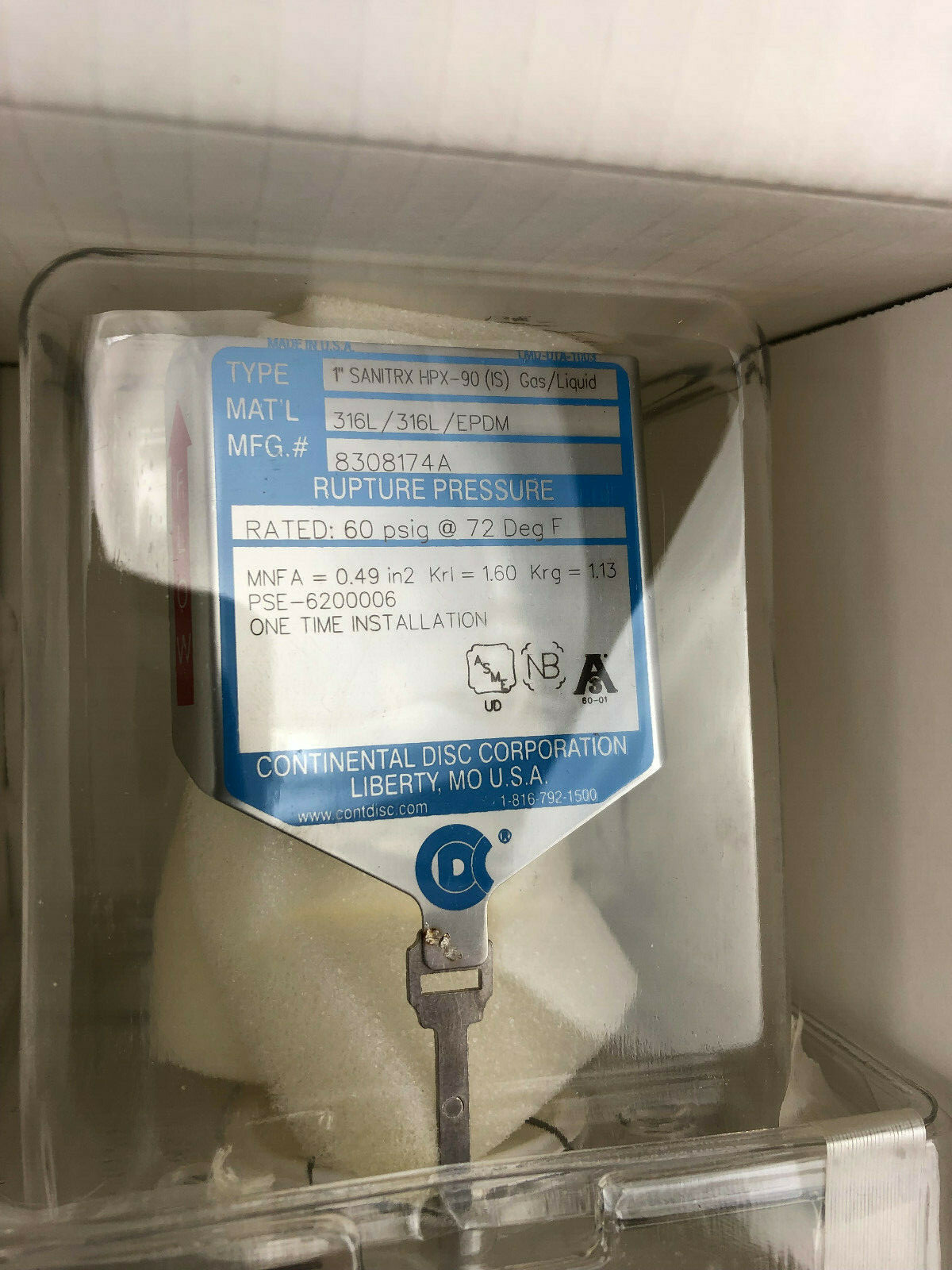 CDC Continental Rupture Disk Certiflow 1" Sanitrx HPX-90 IS(gas/liquid ...