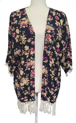 Floral Kimono Tasseled Kori Size M/L Beige & Pink Flowers Over Dark ...